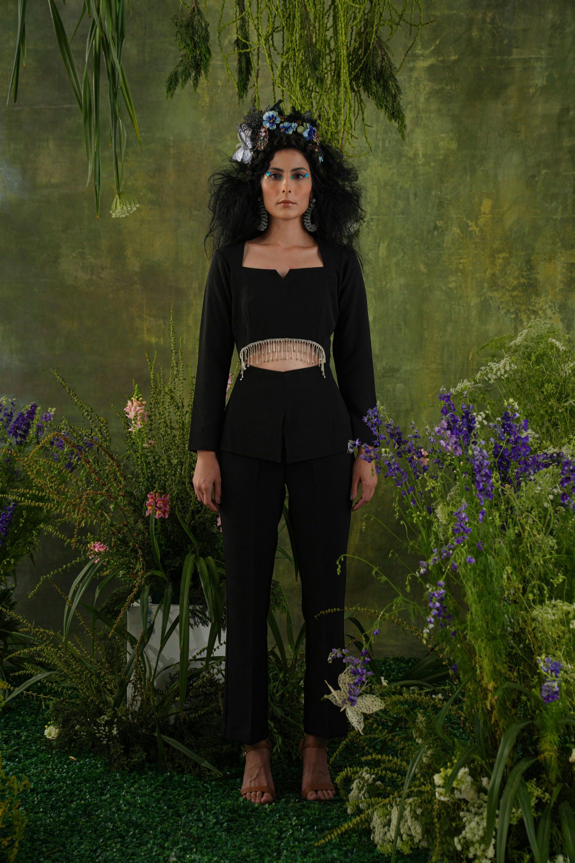 BLACK EMBELLISHED CUT-OUT CO-ORD SET